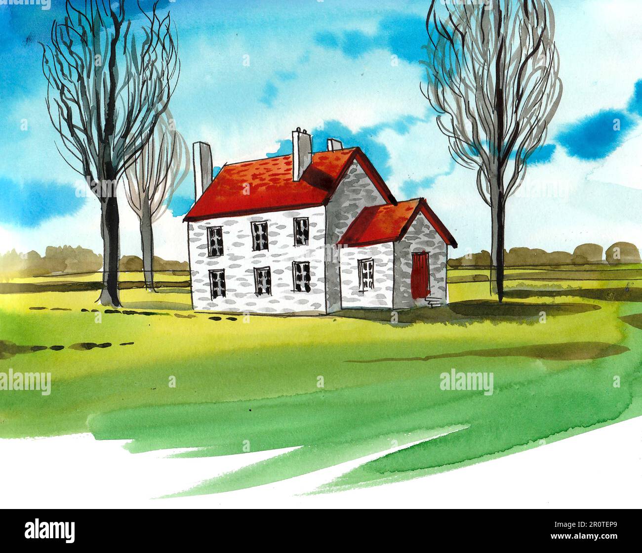 Old house in the countryside. Hand-drawn ink and watercolor on paper ...