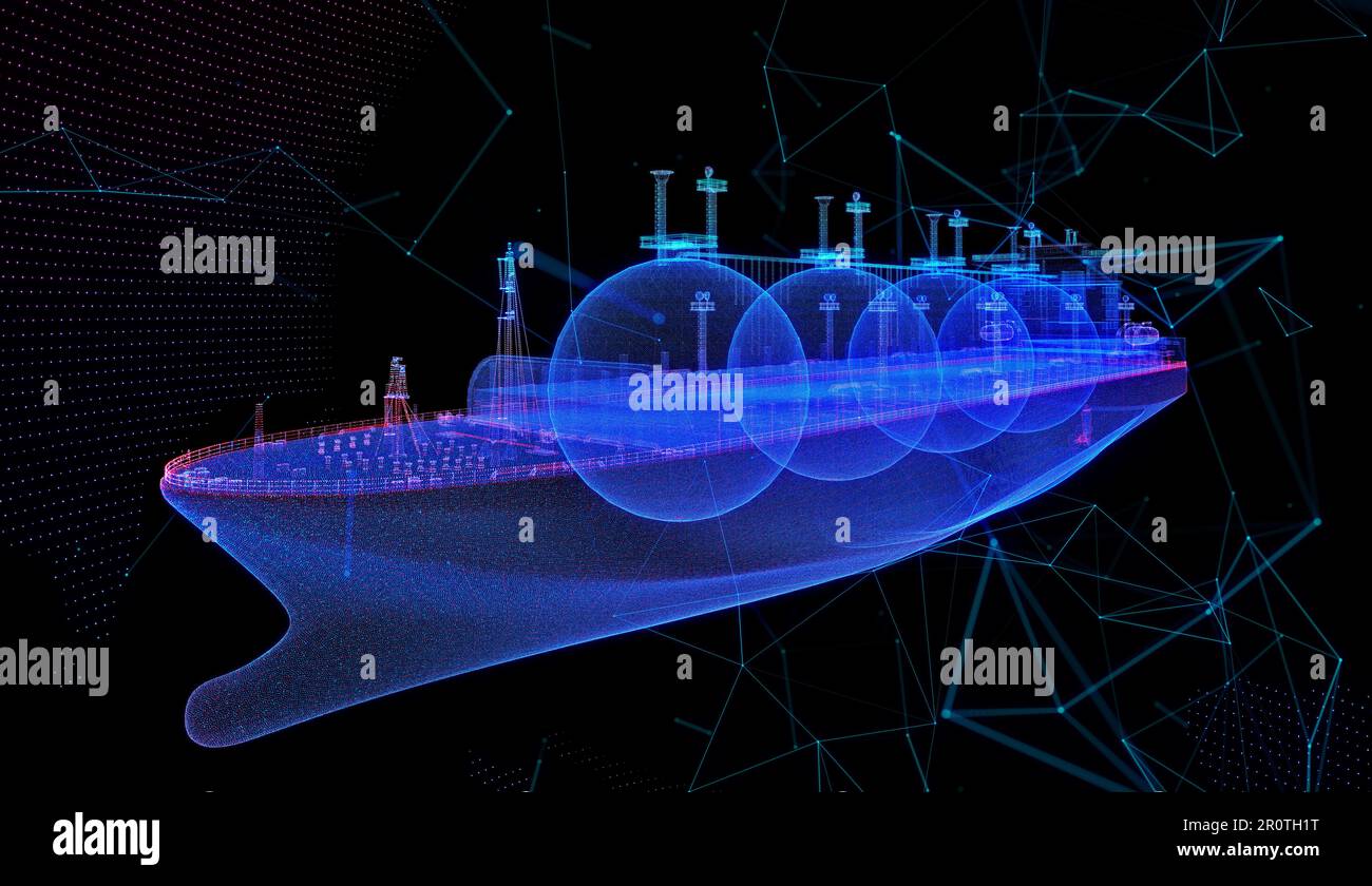 Gas carrier LNG. Blue particle and lines form 3d model Gas tanker Stock ...