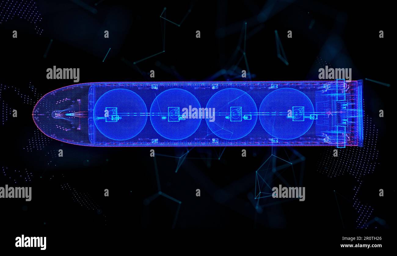 Gas carrier LNG. Glow particles vessel boat. Gas tanker. Industrial ...