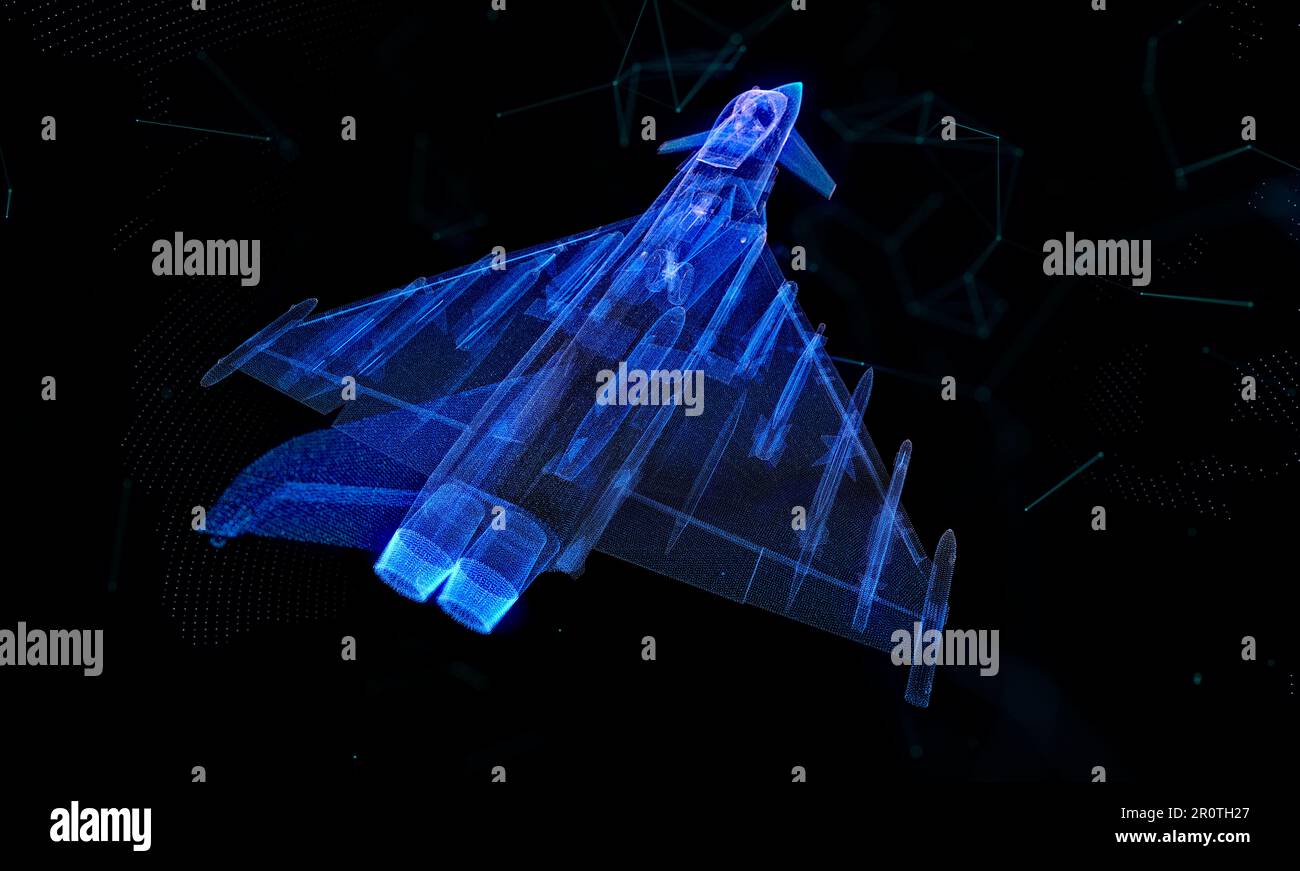 Fighter jet. Glow particles airplane. Virtual Air plane. Aviation air ...