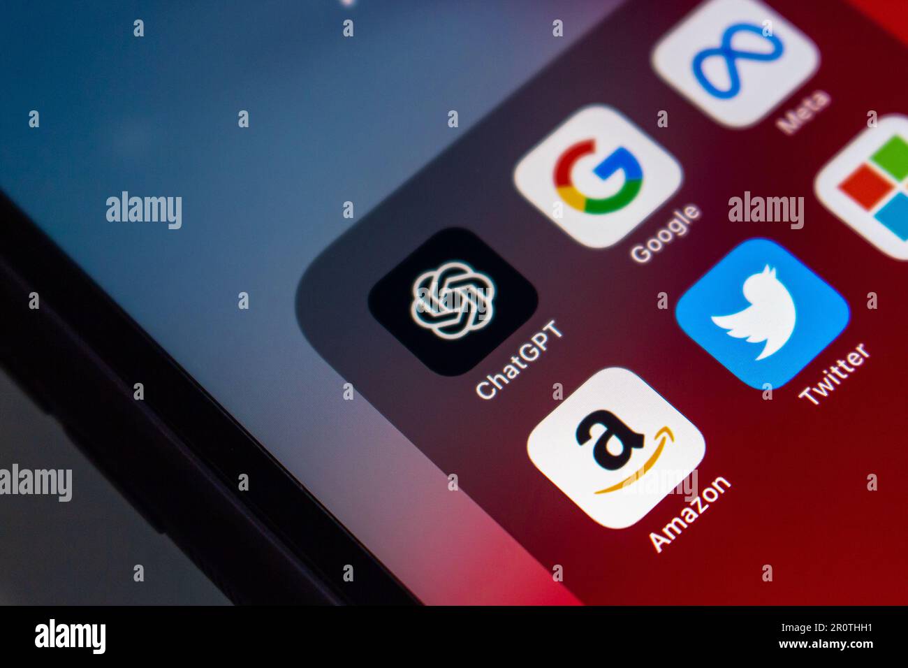ChatGPT, Google, Meta Platform, inc., Amazon Twitter and Microsoft icons seen in an iPhone. AI ...