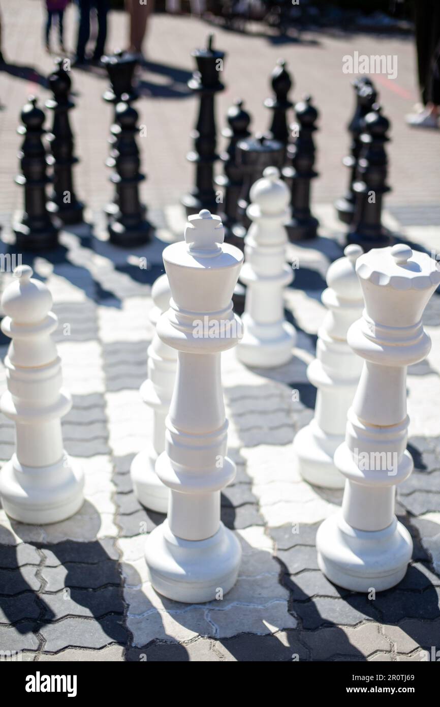 Outdoor chess board with big plastic pieces. Giant size chess in public ...