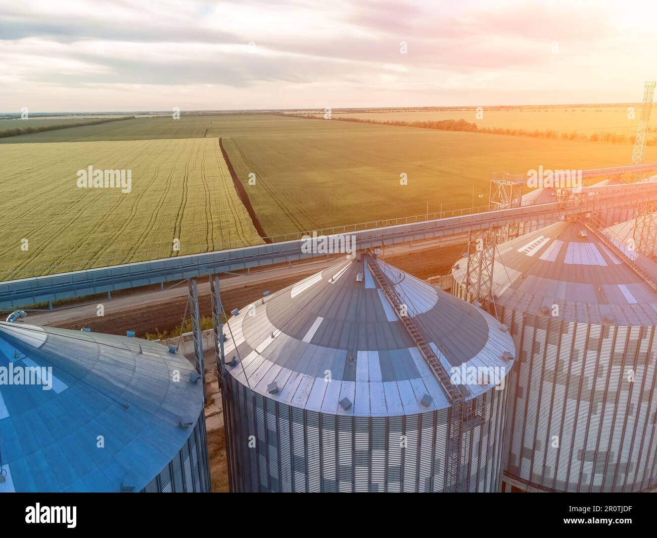 Grain silos on a green field background with warm sunset light. Grain ...