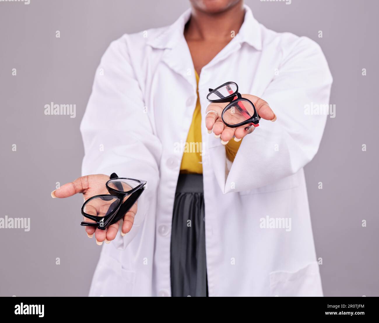 Glasses in hands, choice and vision with eye care, prescription lens ...