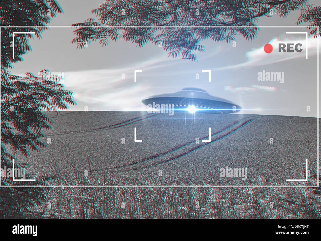 UFO, alien and camera viewfinder with a spaceship flying in the sky ...