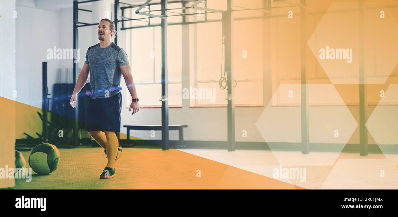 Fitness man, gym and overlay for exercise, workout and training with ...