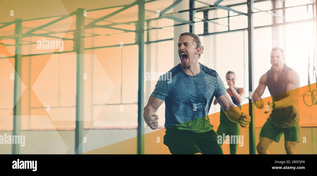 Man, fitness and celebrate exercise or gym workout and training goals ...