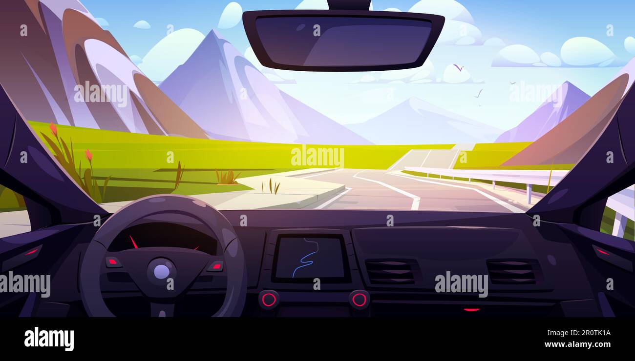 Inside car view drive mountain road vector illustration. Driver ...