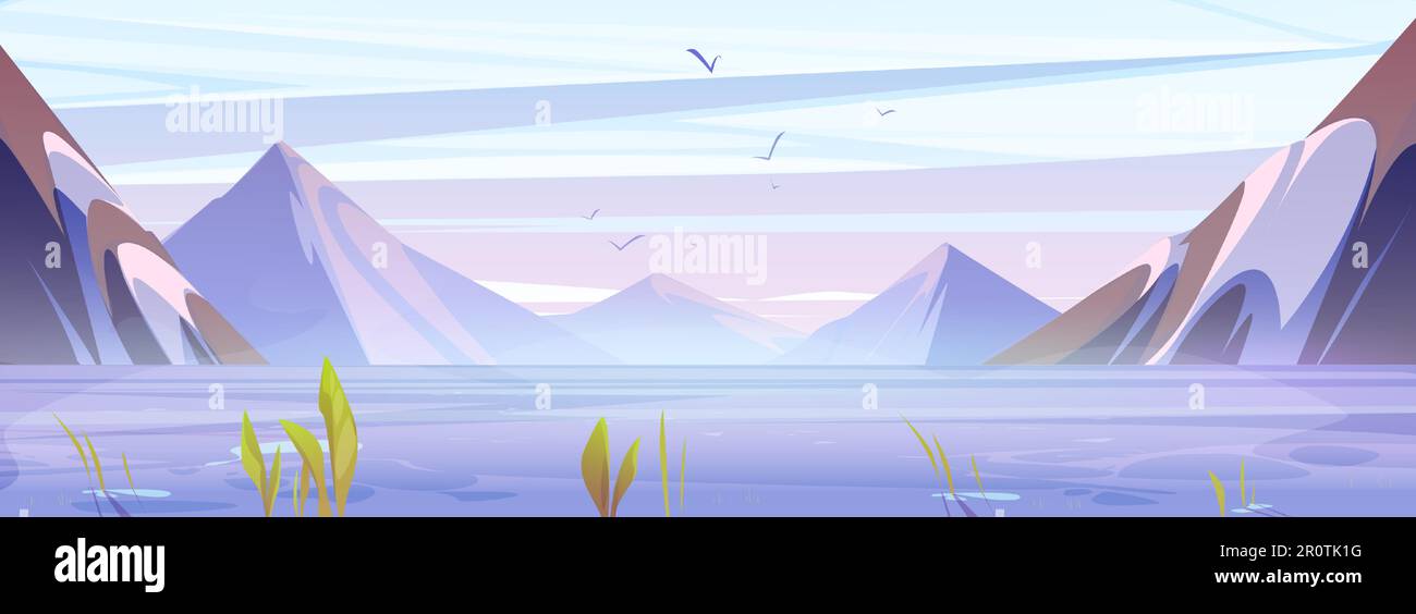 Mountain early morning landscape with lake view. Vector cartoon calm ...