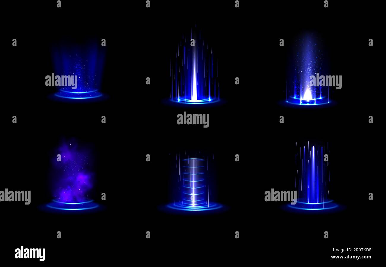 Realistic set of blue light portals isolated on black background ...