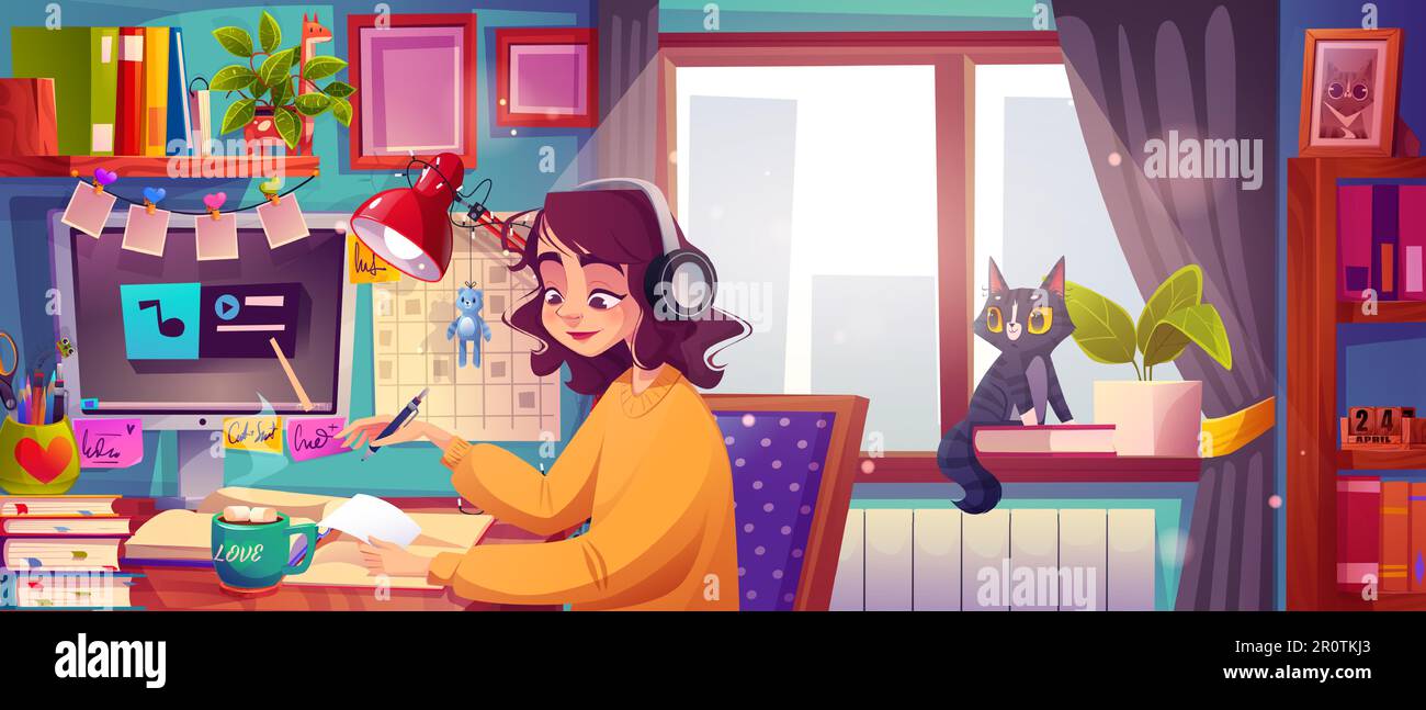 Girl sitting on window workspace desk at home office vector background ...