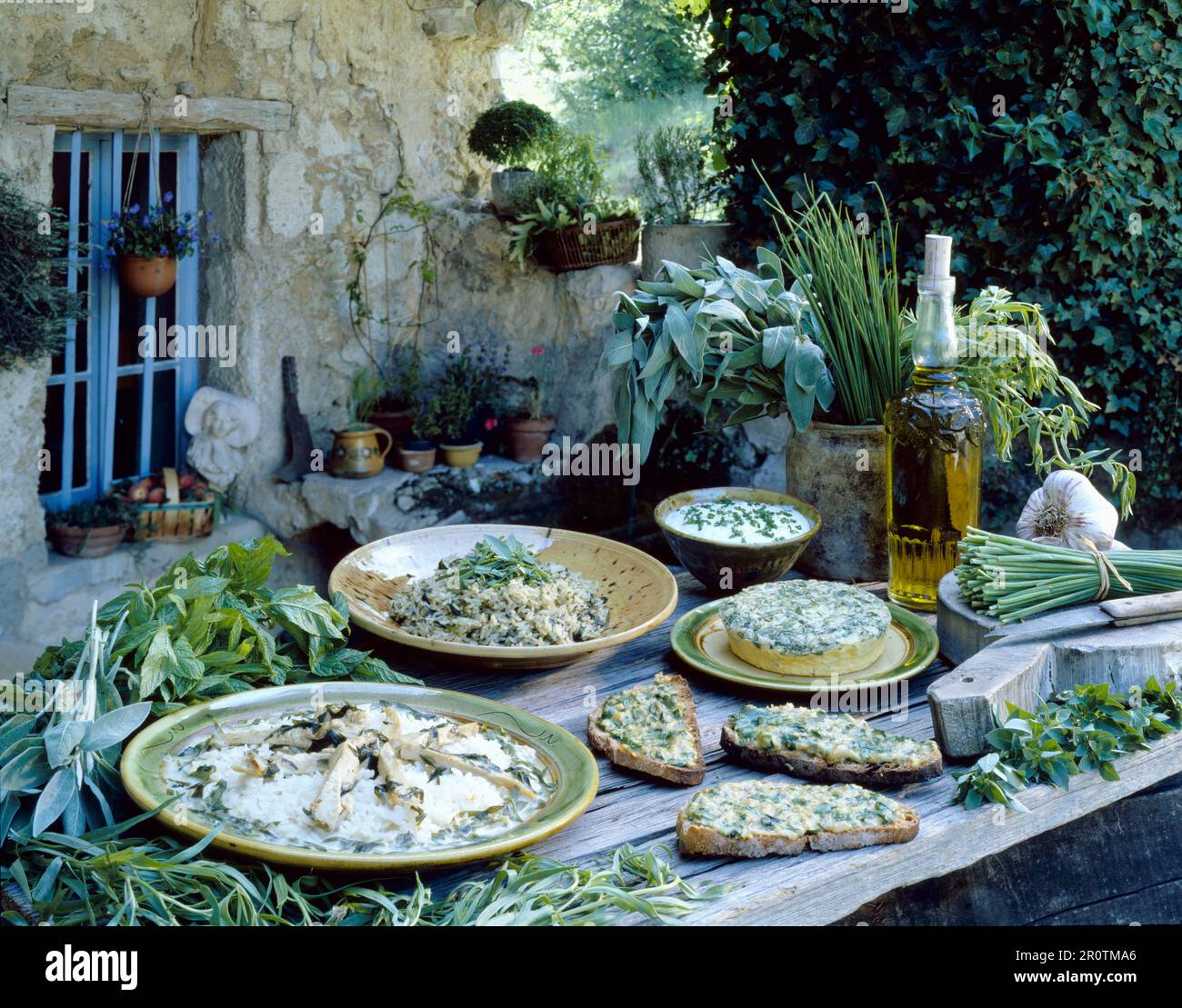 Herb menu on a table outdoors Stock Photo - Alamy