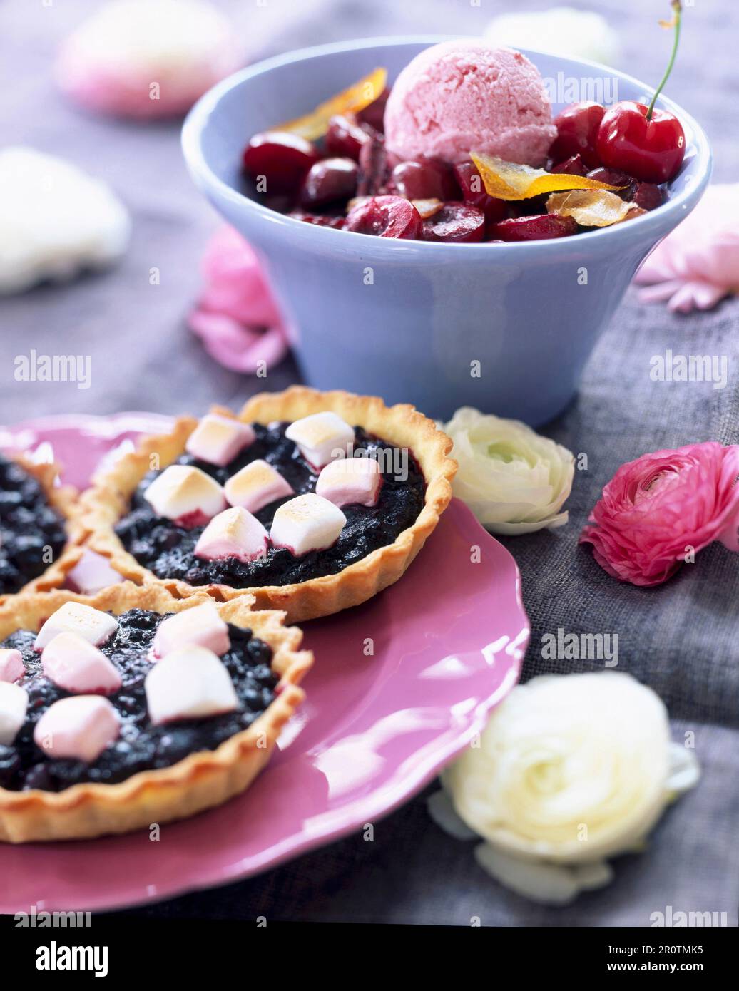 Stewed cherries with yoghurt ice cream, blackcurrant tartlets topped ...