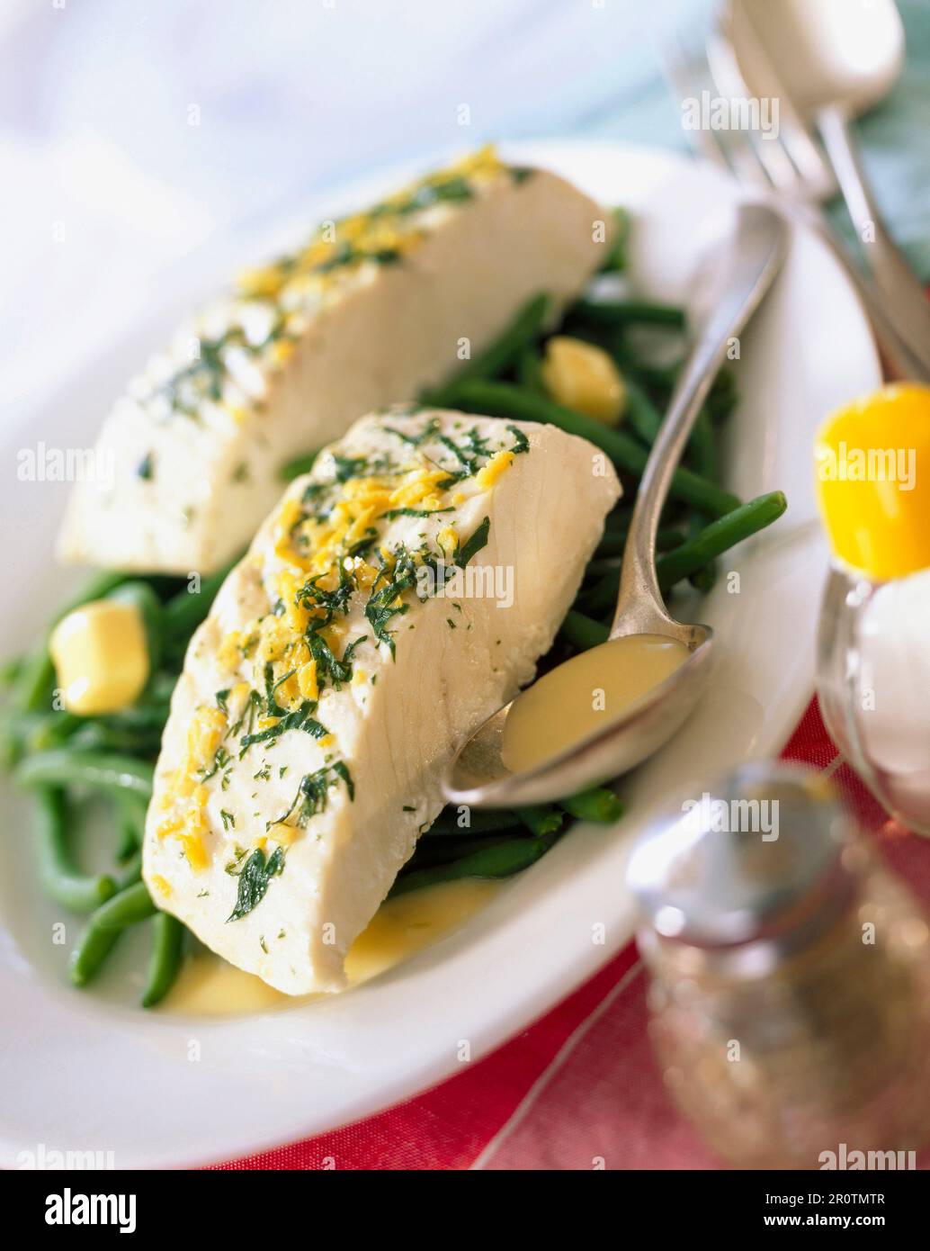 Halibut with green beans Stock Photo - Alamy