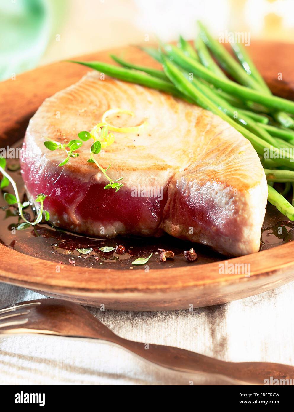 bluefin tuna steak and green beans Stock Photo - Alamy