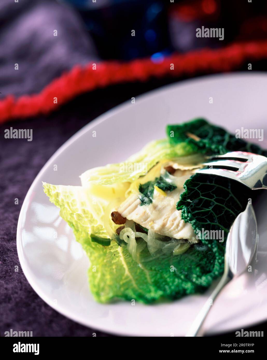 Spicy turbot fillet cooked in cabbage leaves Stock Photo - Alamy