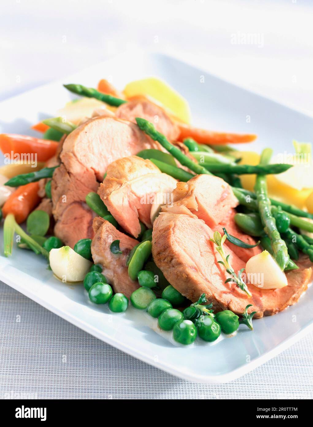 Roast veal with spring vegetables Stock Photo - Alamy