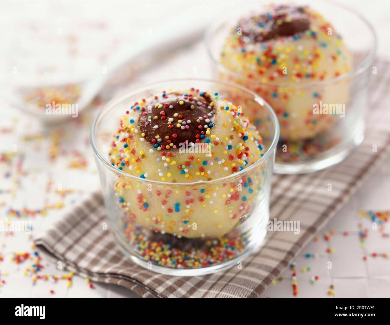 Egg-shaped pears with chocolate mousse Stock Photo - Alamy