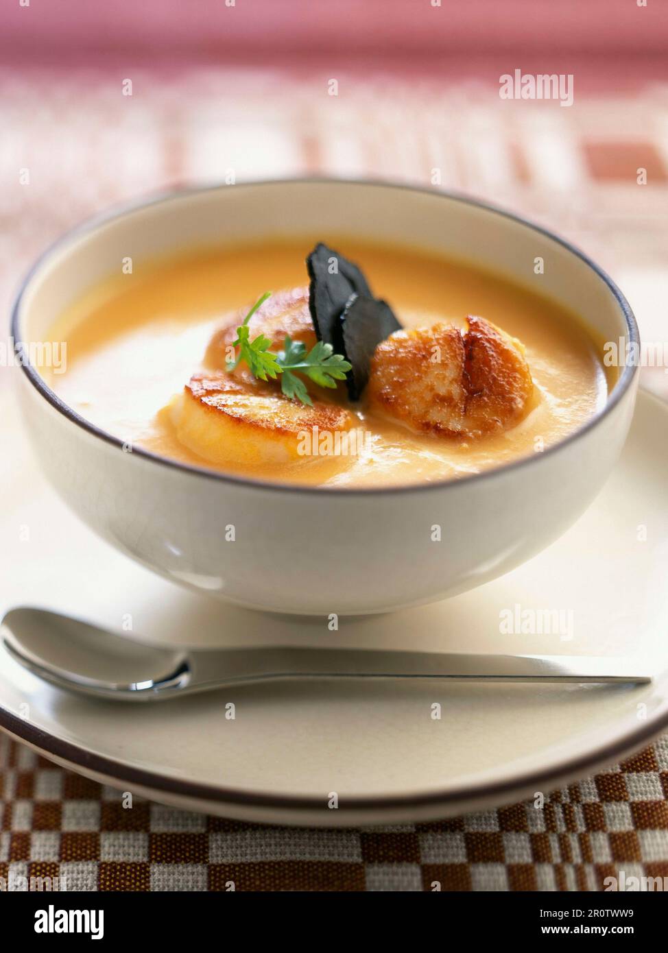 Scallop soup with pan-fried scallops with truffles Stock Photo - Alamy