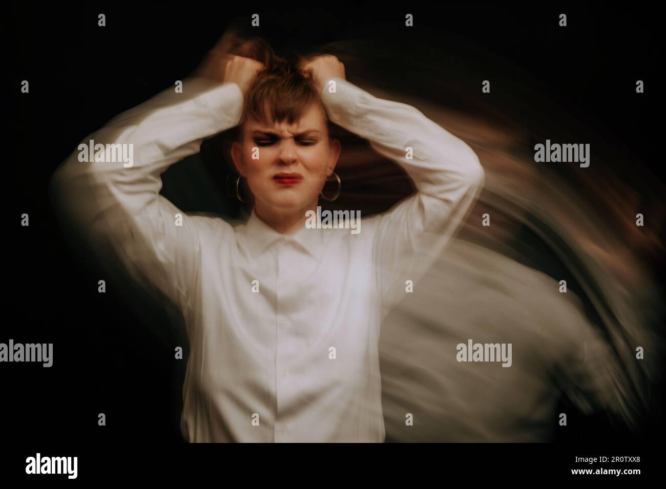 woman is a psychopath with schizophrenia and mental disorders. Portrait ...