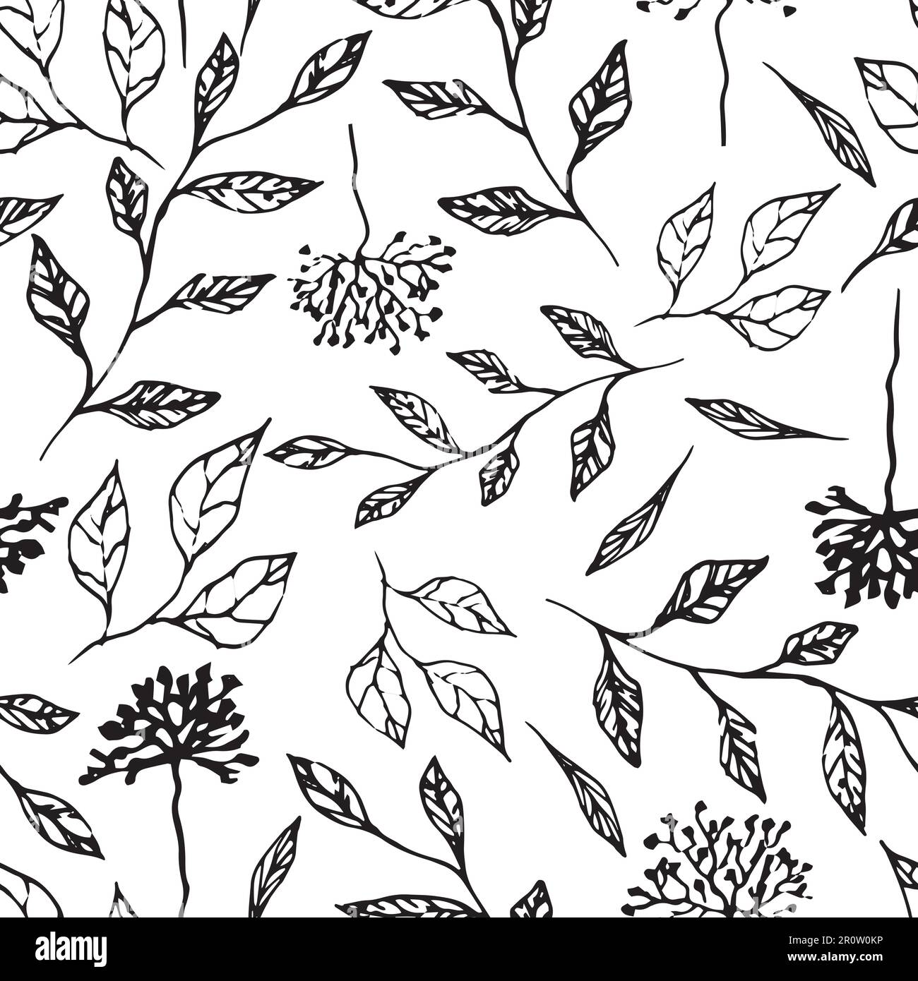 Seamless vector border with leaves and berries. Set of ink hand drawing ...