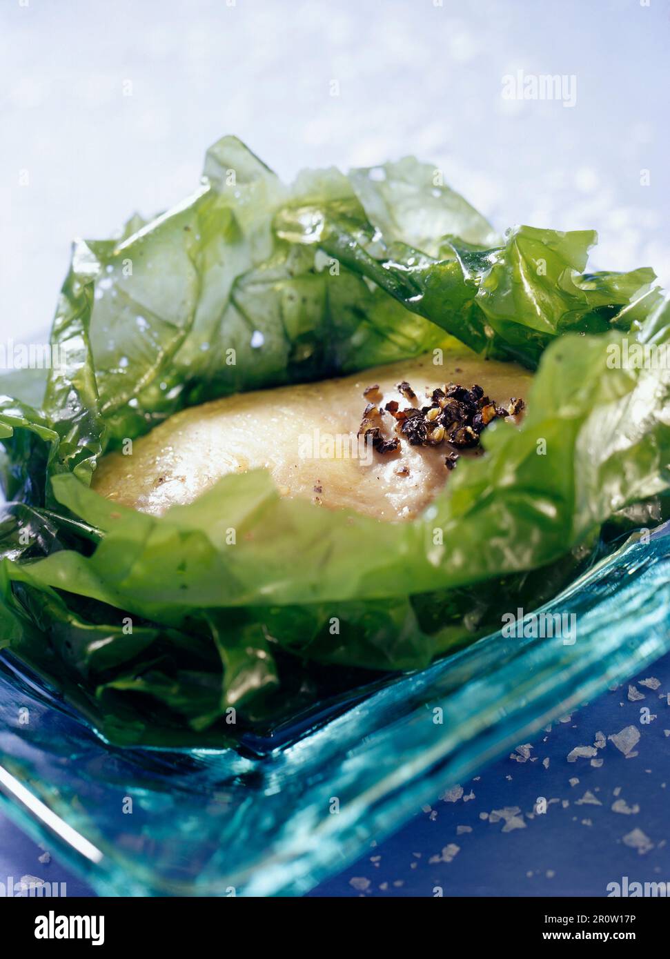 Duck foie gras cooked in sea lettuce Stock Photo - Alamy