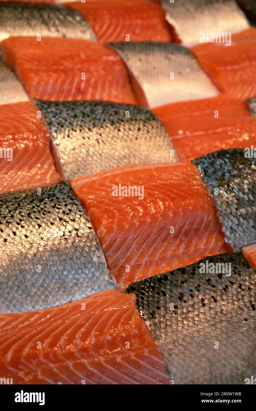 Slabs of salmon on display Stock Photo - Alamy