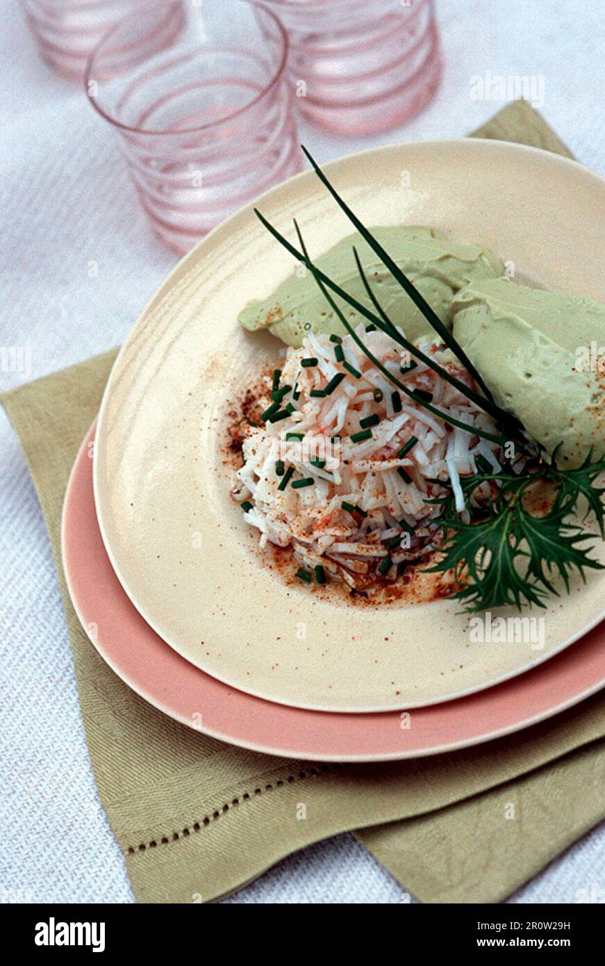 Shrimp salad with avocado mousse Stock Photo - Alamy