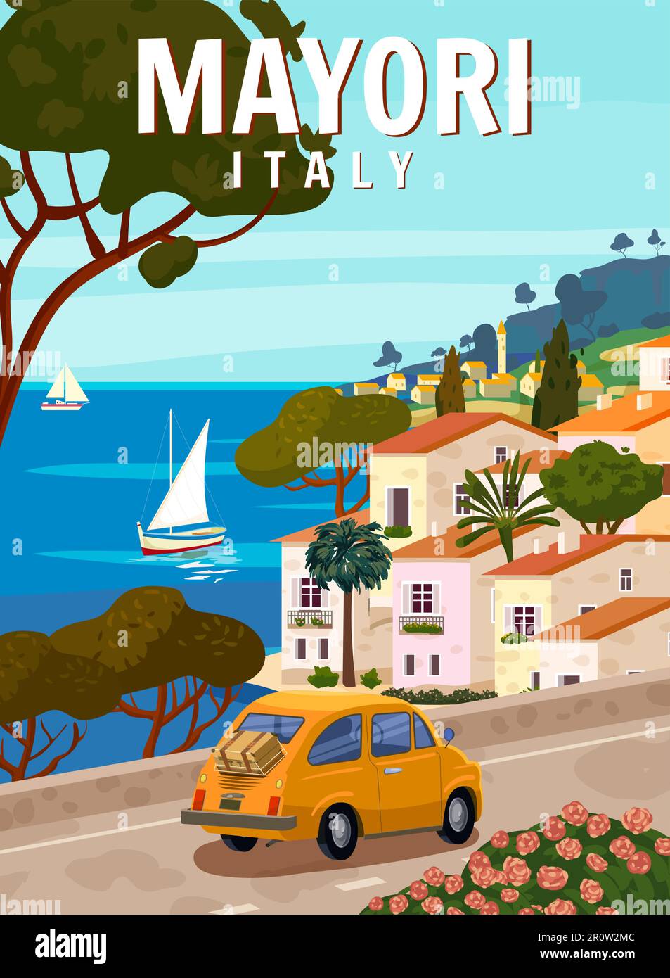 Retro Poster Italy, Mayori resort, Amalfi coast. Road retro car ...
