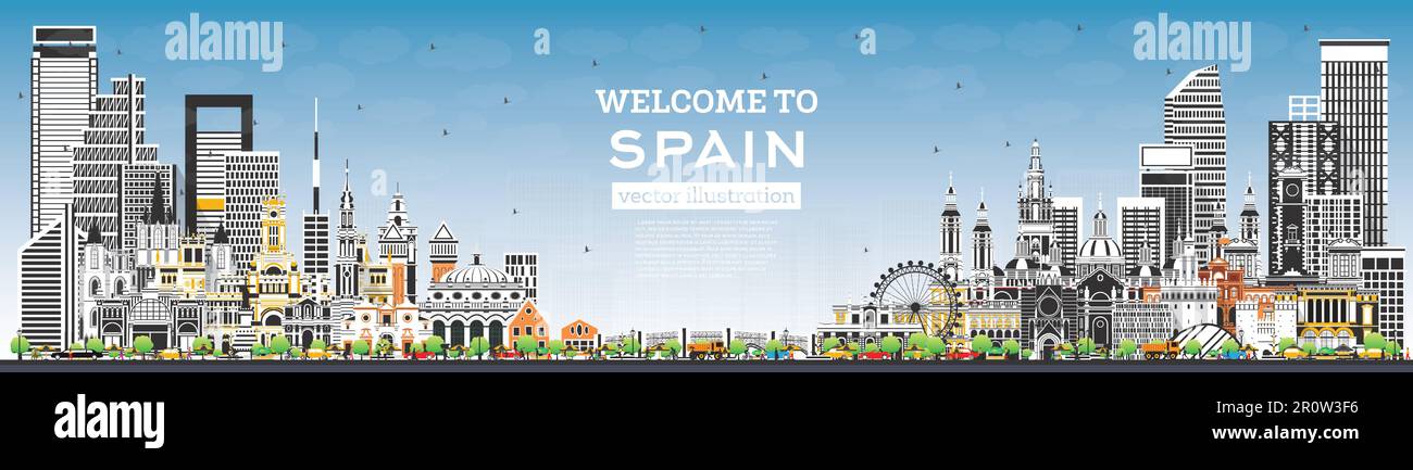 Welcome to Spain. City Skyline with Gray Buildings and Blue Sky. Vector ...