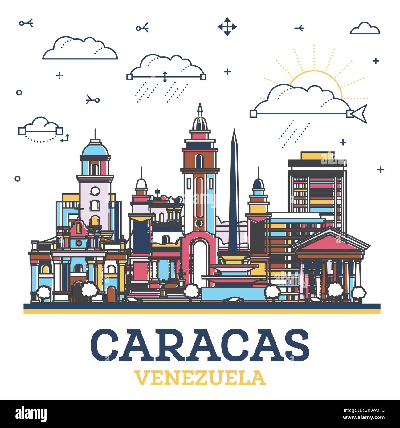 Outline Caracas Venezuela City Skyline with Colored Historic Buildings ...