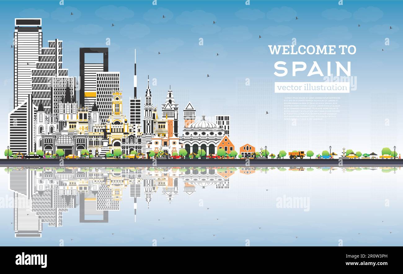 Welcome to Spain. City Skyline with Gray Buildings, Blue Sky and ...