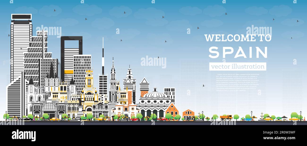 Welcome to Spain. City Skyline with Gray Buildings and Blue Sky. Vector ...