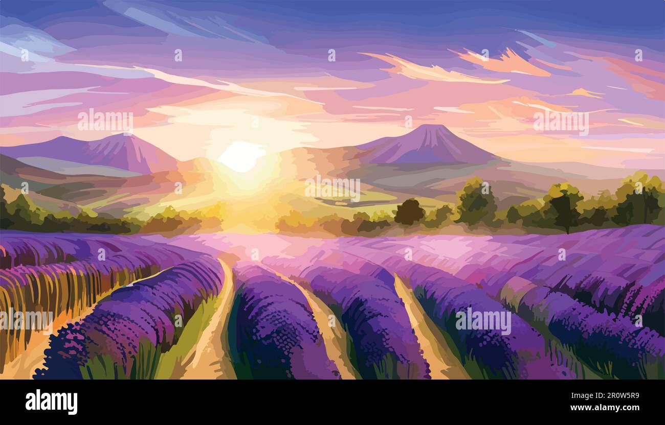Wallpaper beautiful lavender field landscape against backdrop mountains ...