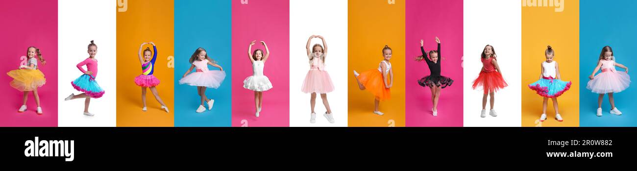 Collage with photos of cute little girls dancing on different color ...