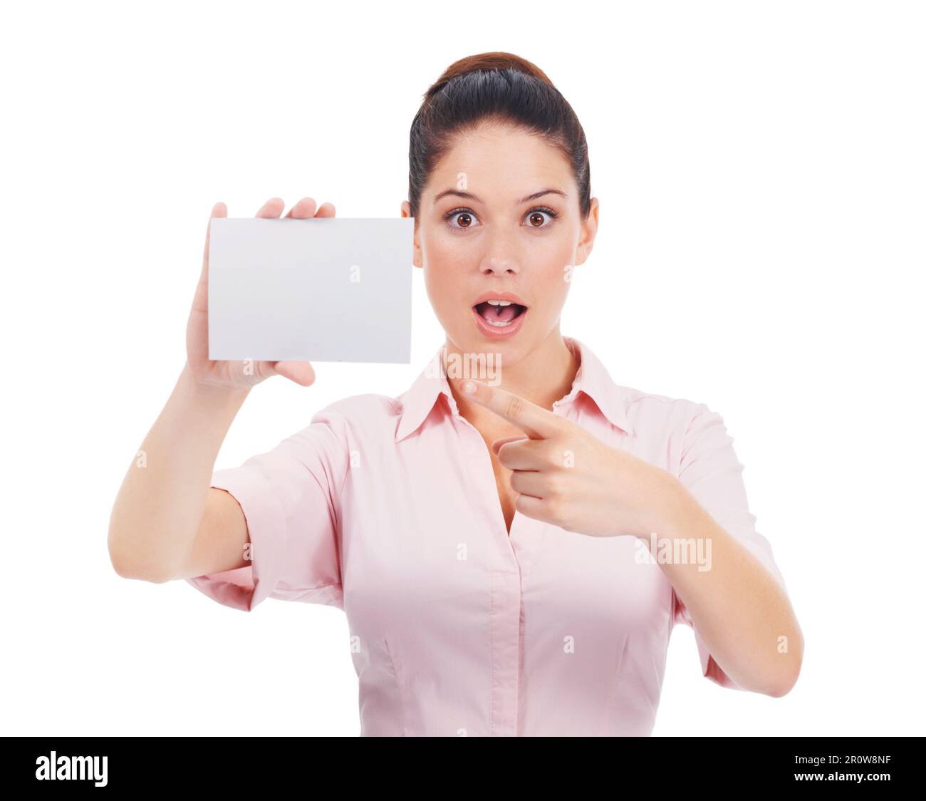 Mockup, business card and surprise with portrait of woman in studio for idea, networking and ...