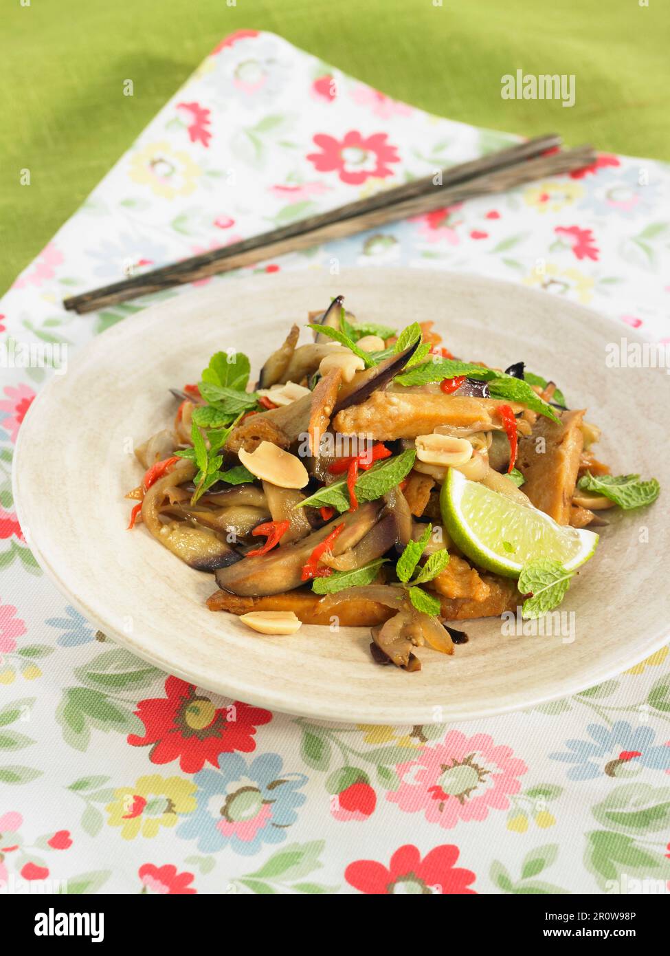 Pan-fried seitan with eggplants, lime peanuts and agave syrup Stock ...