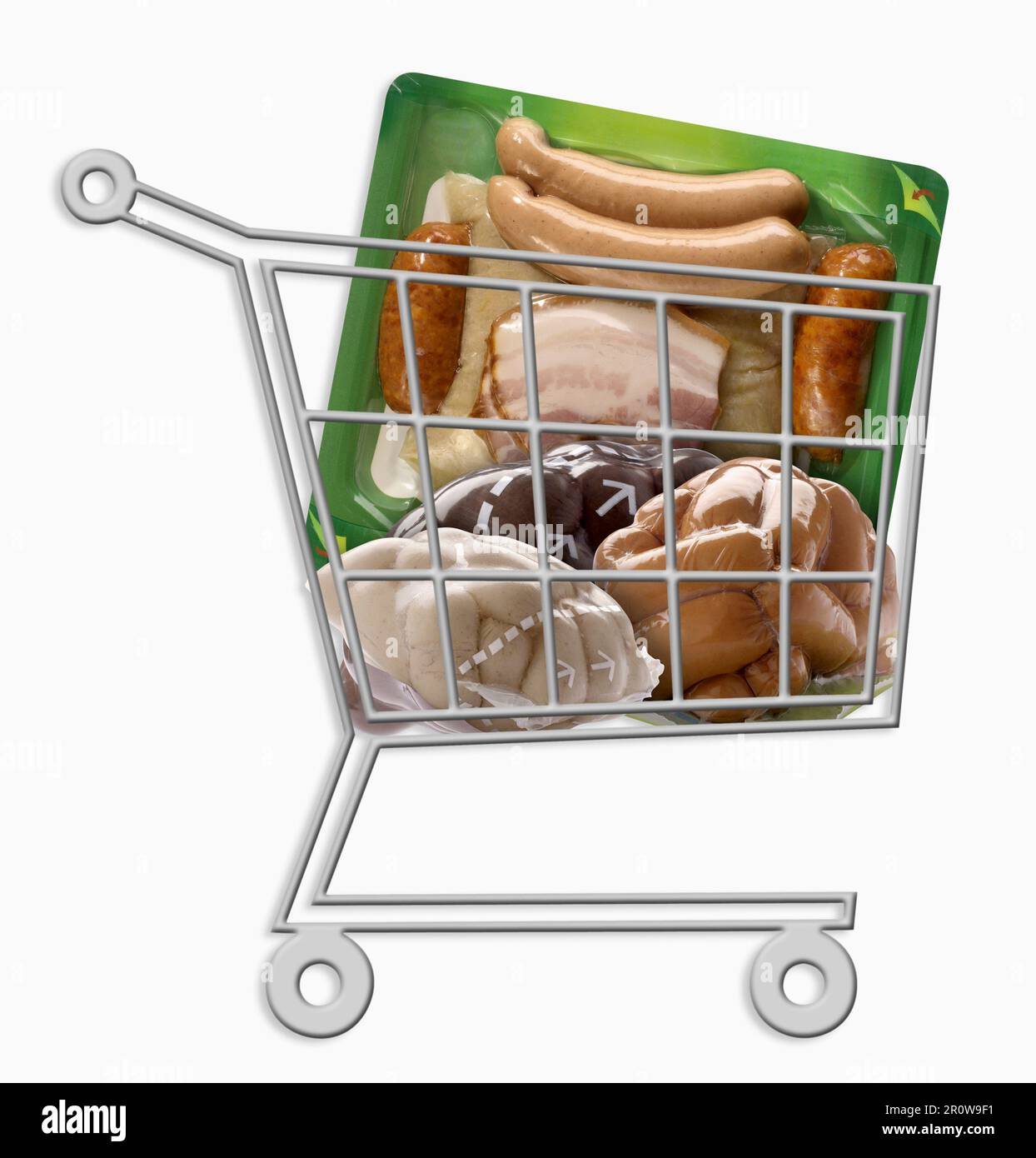 Mini supermarket trolley full of vacuum-packet food Stock Photo - Alamy