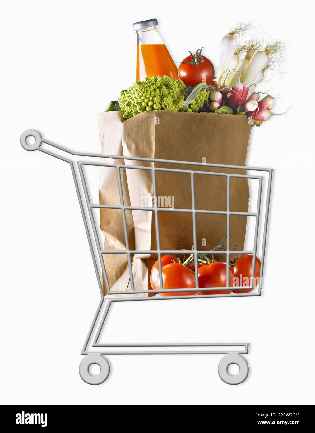 Mini supermarket trolley with a brown paper bag of vegetables Stock ...