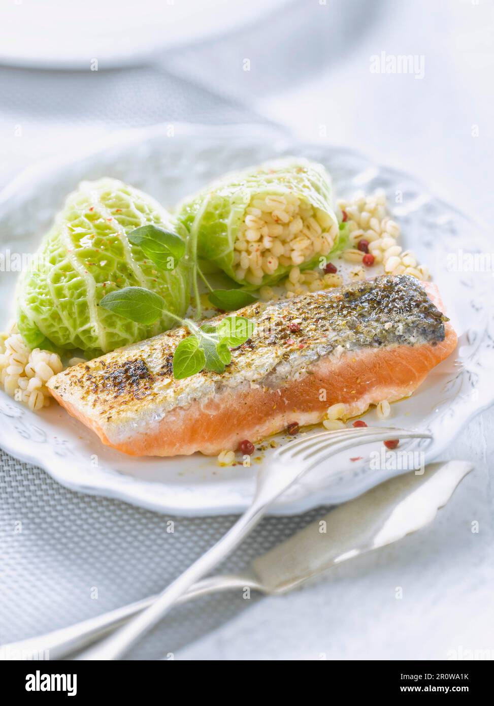 Thick piece of salmon and cabbage stuffed with barley Stock Photo - Alamy