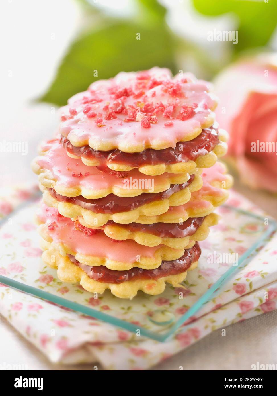 Rose cookie and raspberry jam Whoopies Stock Photo - Alamy