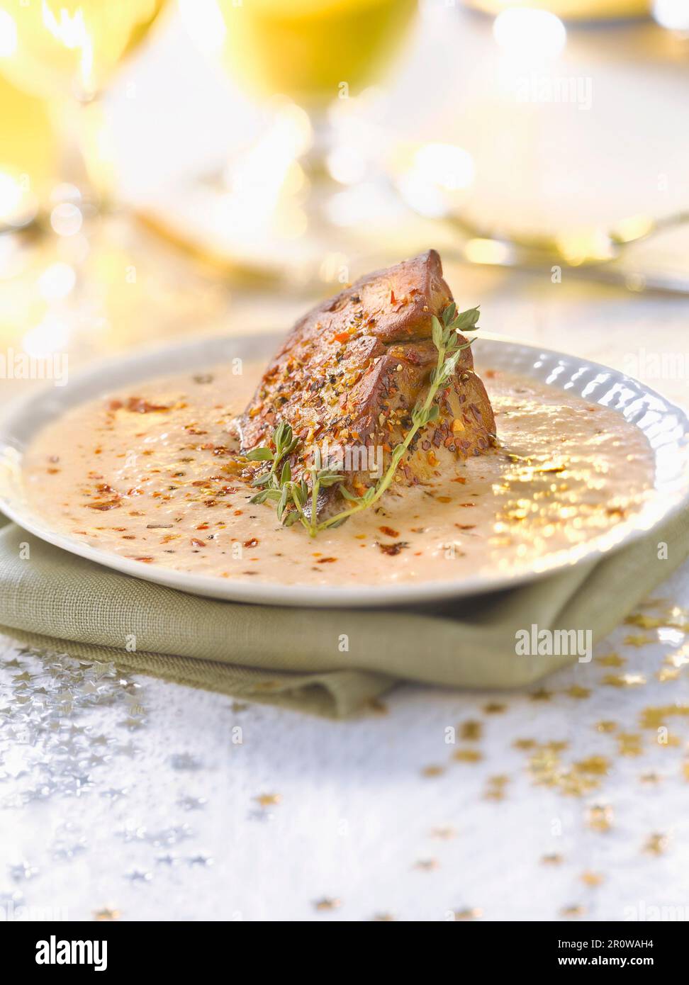 Spicy pan-fried foie gras with espuma Stock Photo - Alamy