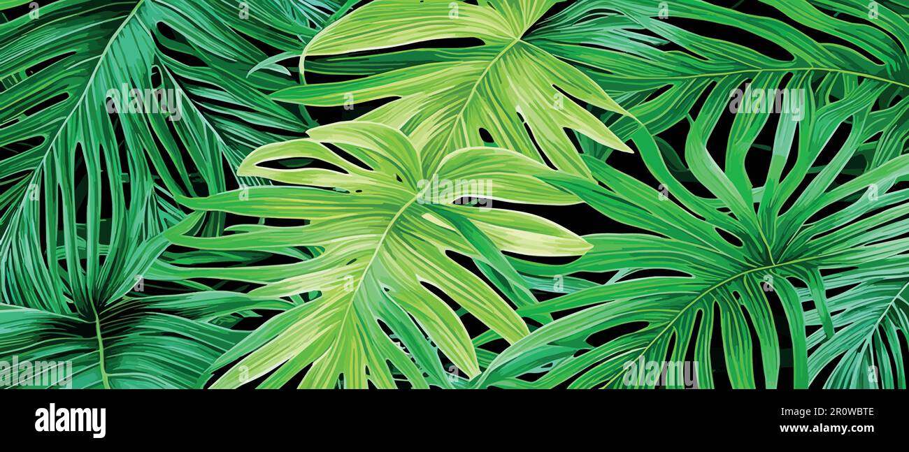 Tropical botanical wallpaper background with green leaves and floral ...