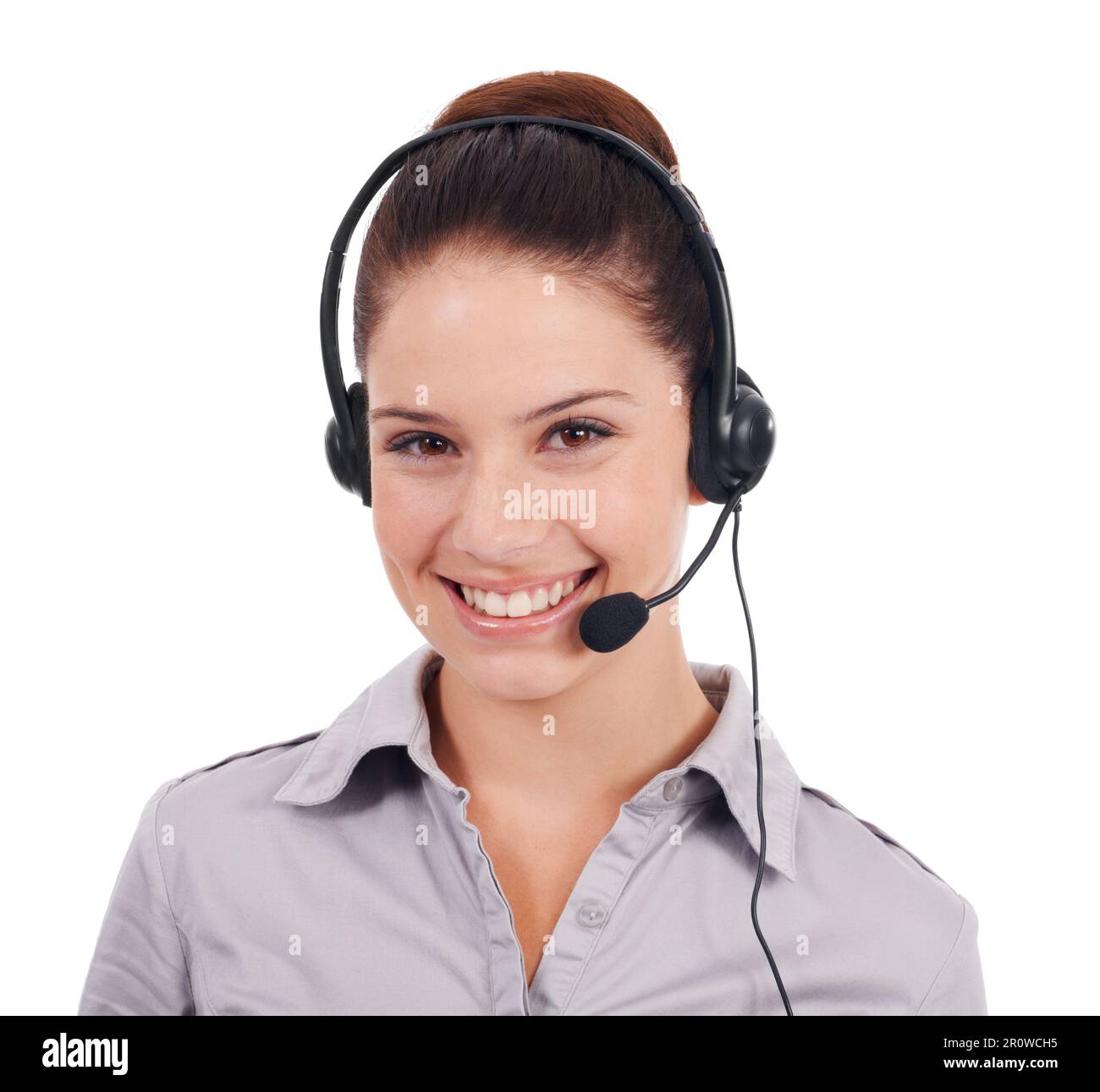 Portrait, smile and woman with telemarketing, call center and operator isolated against a white ...