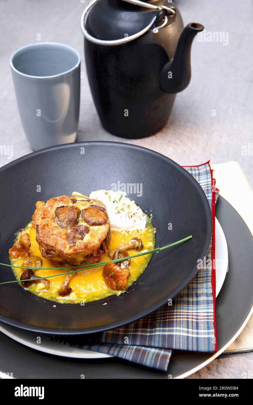 Forest mushroom savoury french toast with carrot puree Stock Photo - Alamy