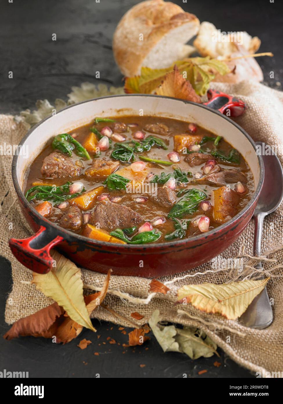 Stag fillet, sweet potato, spinach and pomegranate stew Stock Photo - Alamy