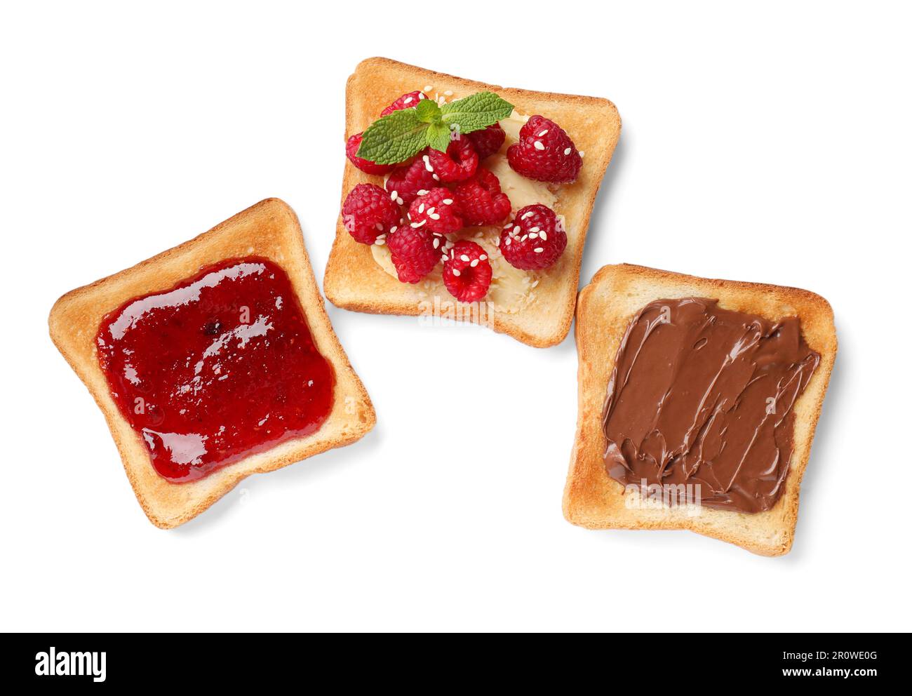 Tasty toasts with different spreads and fruits on white background, top ...