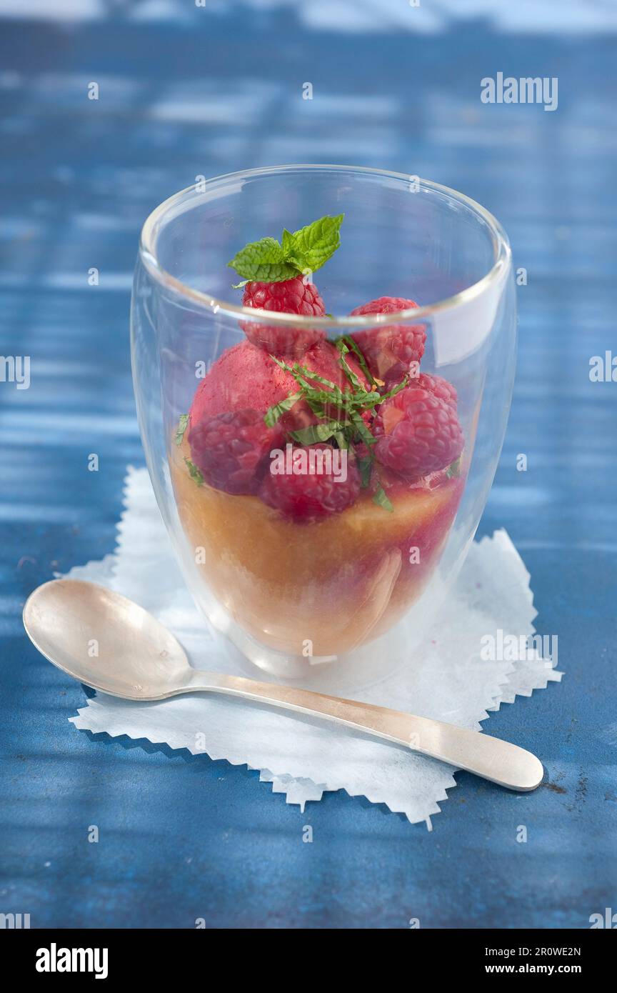 Mirabelle plum soup with raspberry ice cream Stock Photo - Alamy
