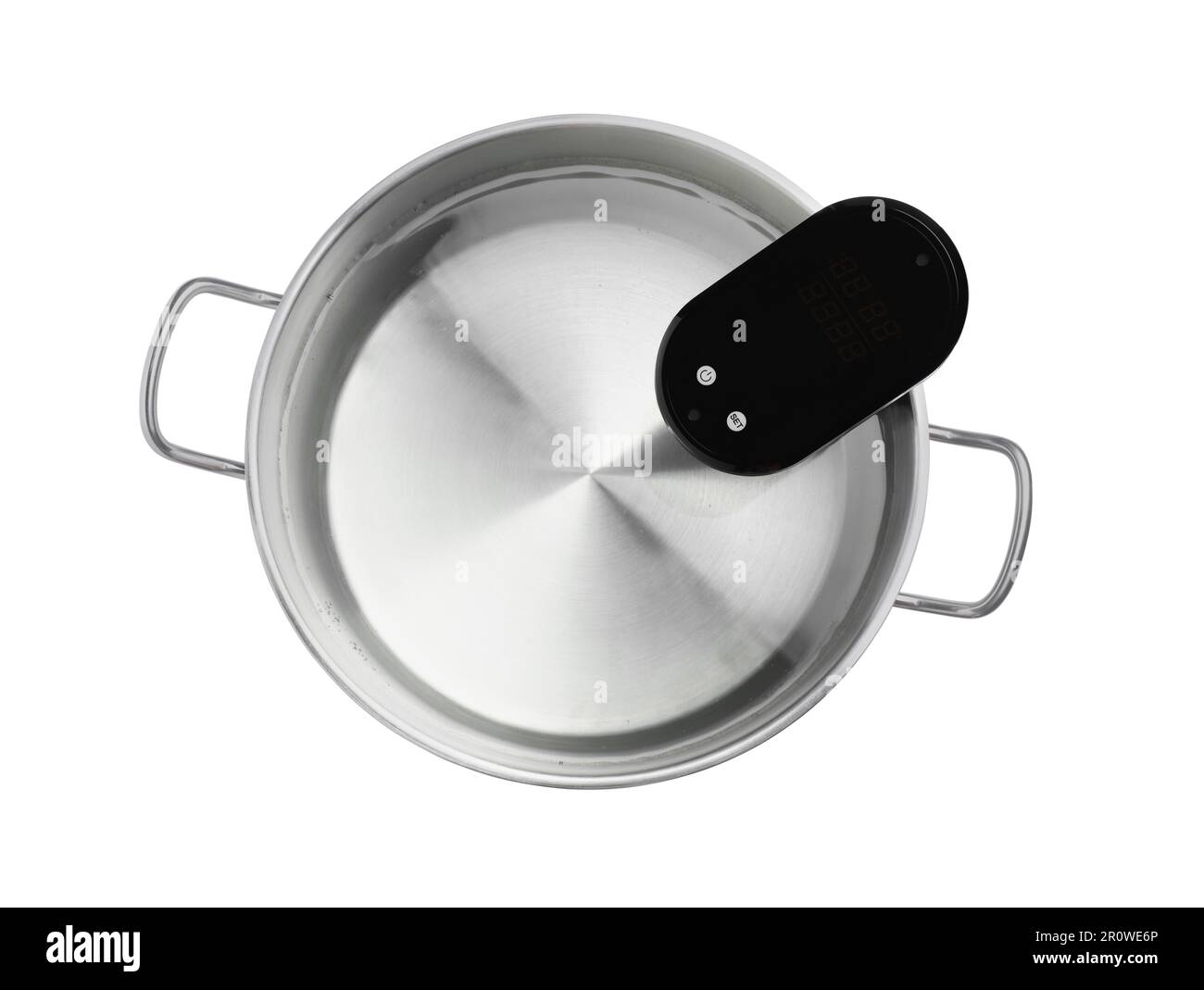 Thermal immersion circulator in pot isolated on white, top view. Sous ...