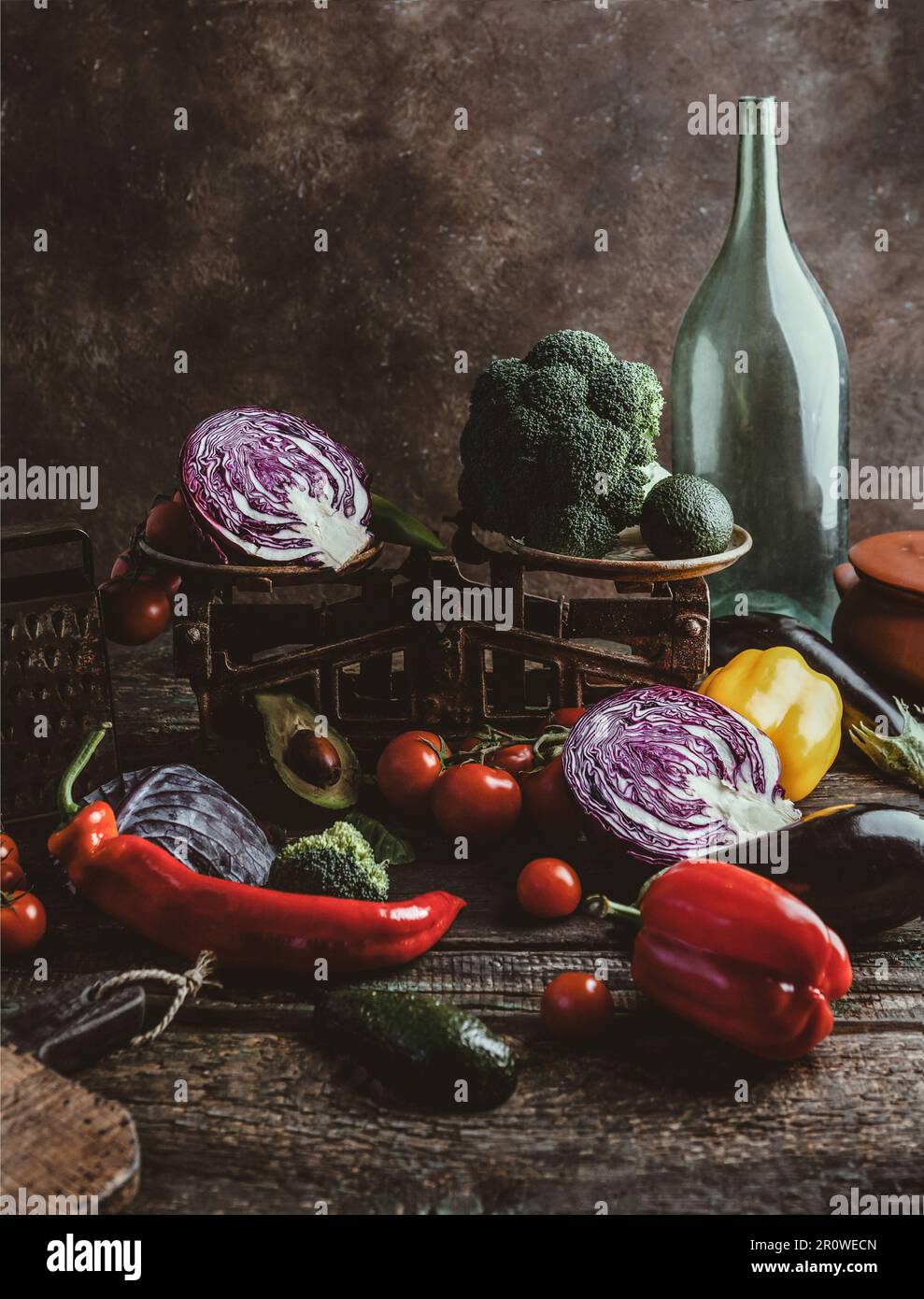 Rustic vegetable still life with vintage scales Stock Photo - Alamy
